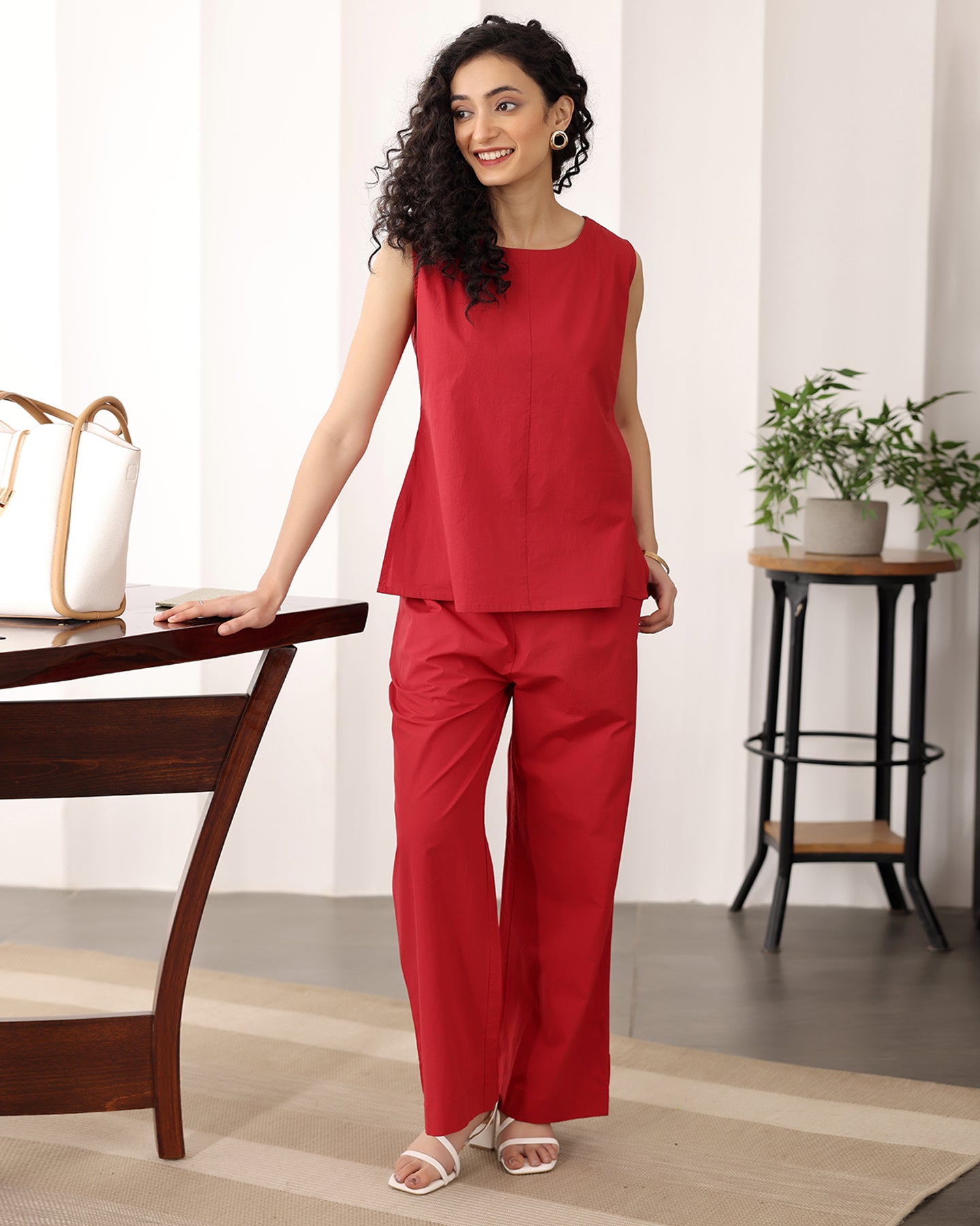 Buy Ruby Red Sleeveless Poplin Co-ord Set Online in India – Ambraee