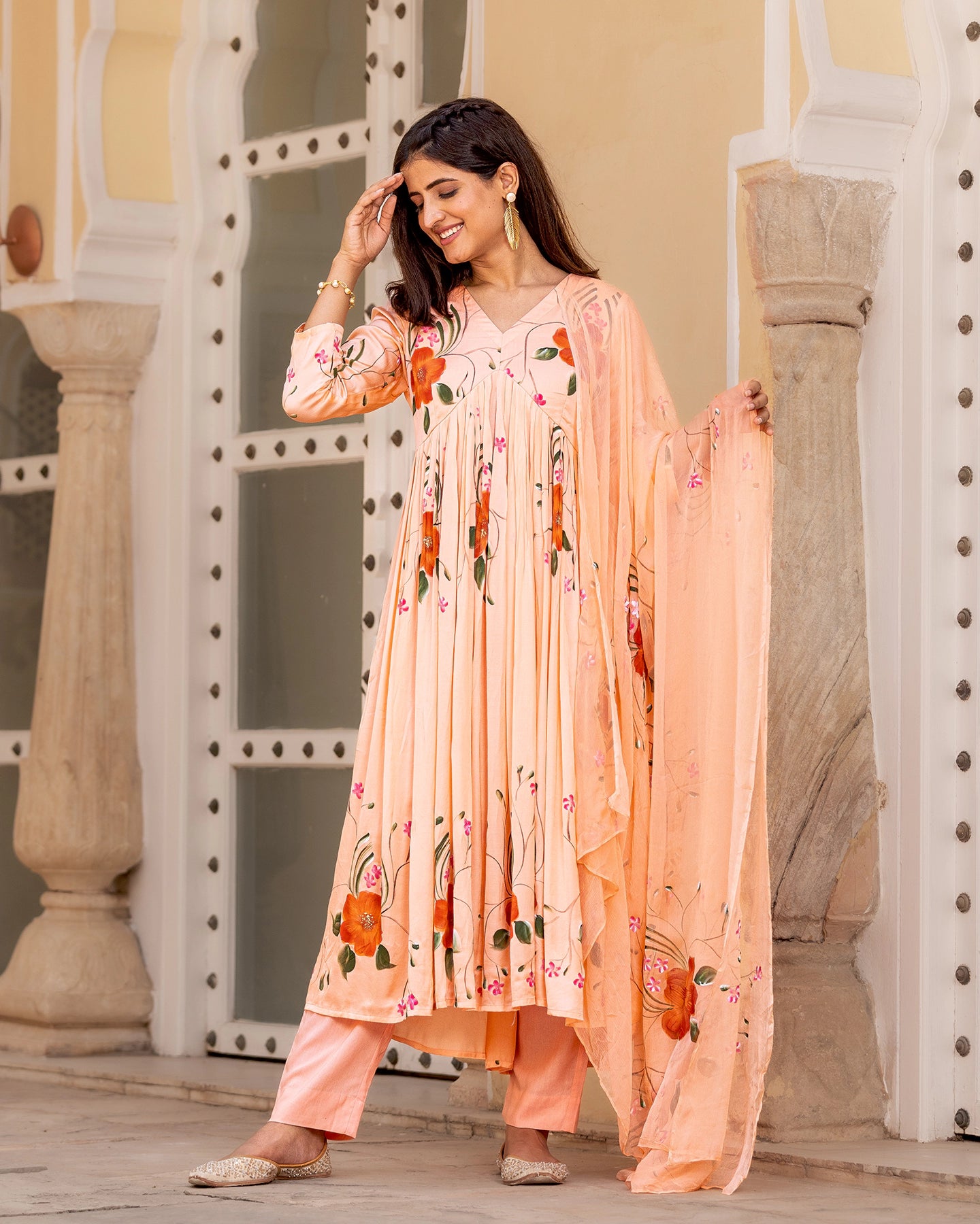 Buy Peach Handpainted Floral Suit Set online in India – Ambraee