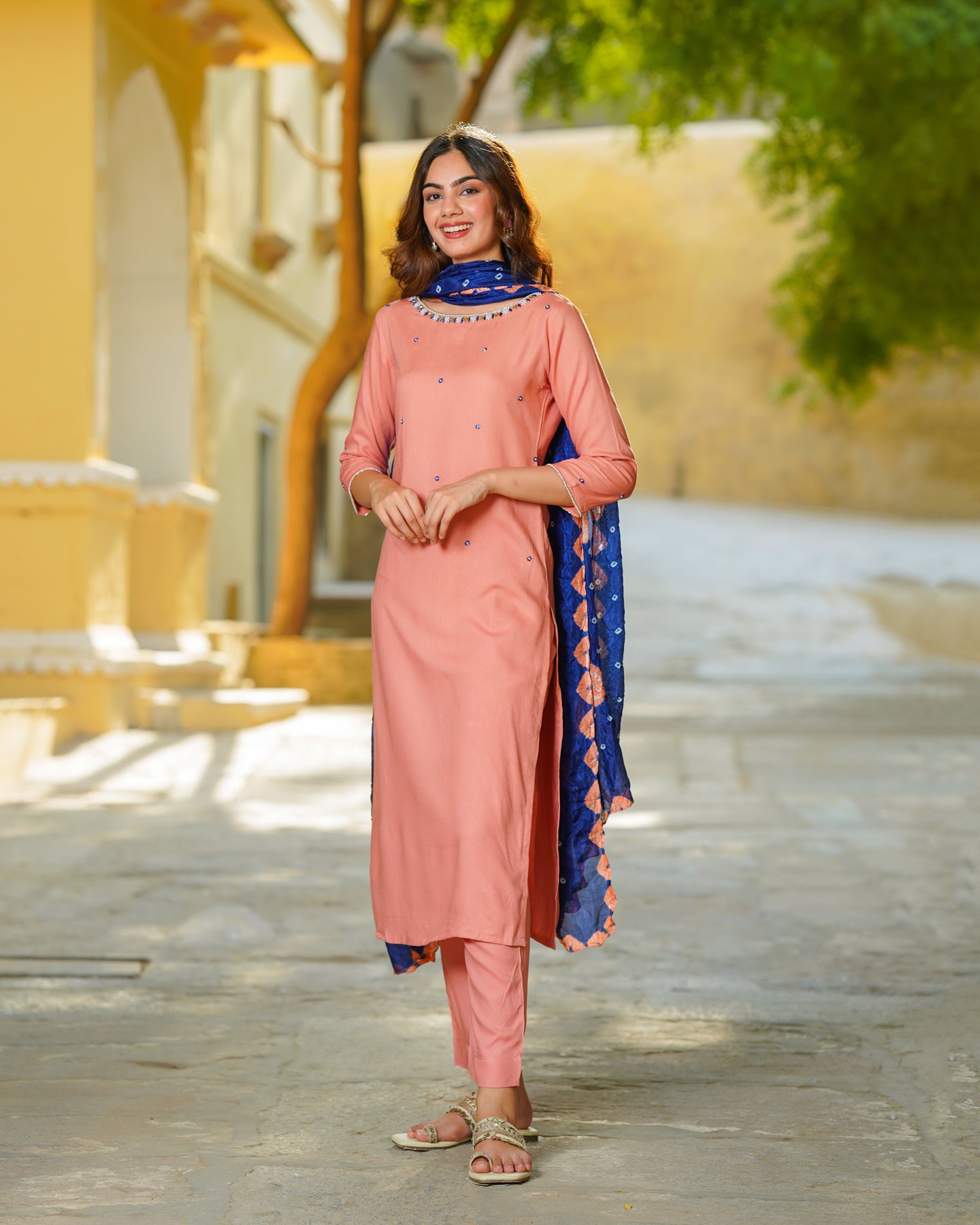 Peach Embroidered Suit Set – Ambraee
