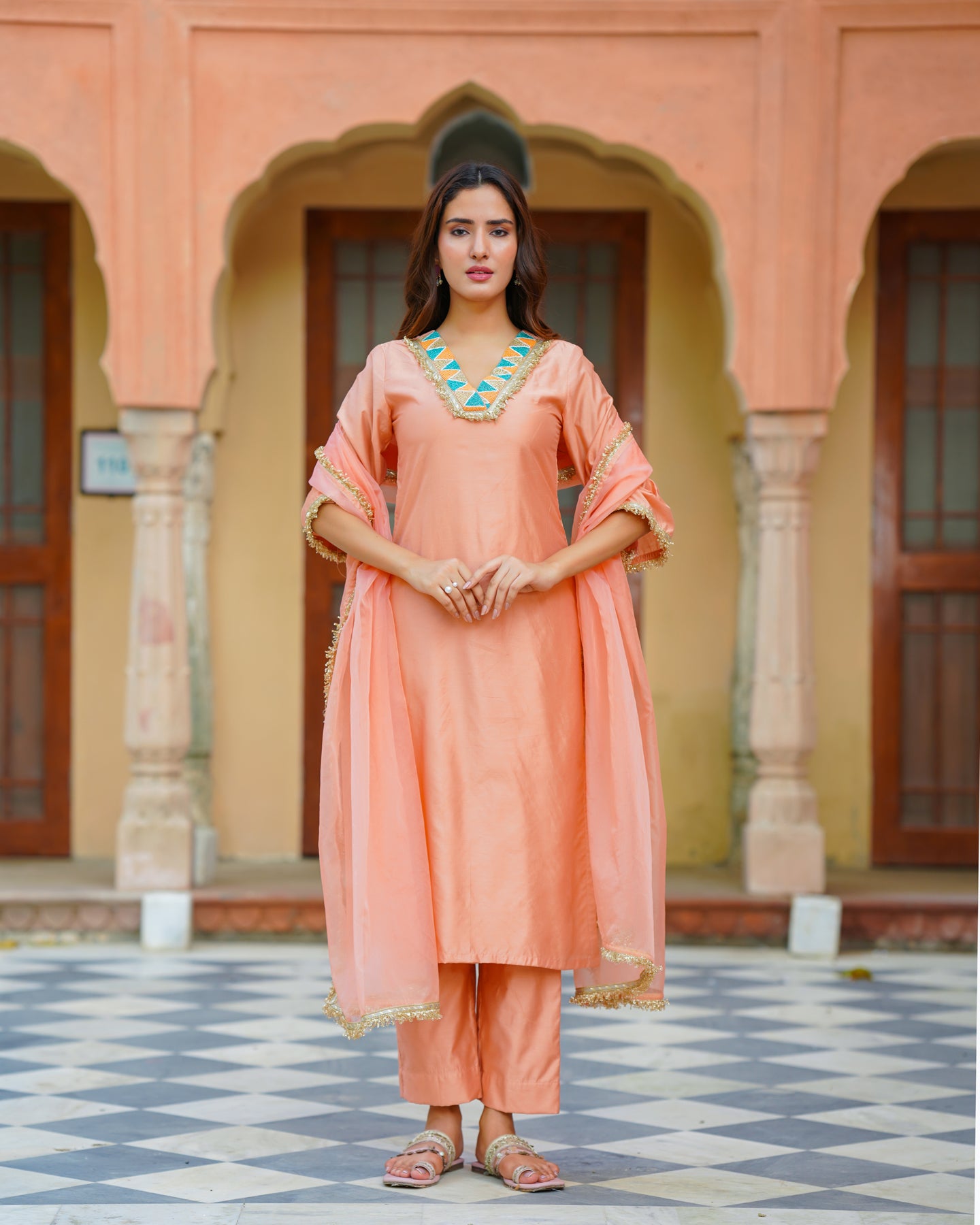 Peach Chanderi Embroidered Suit Set – Ambraee