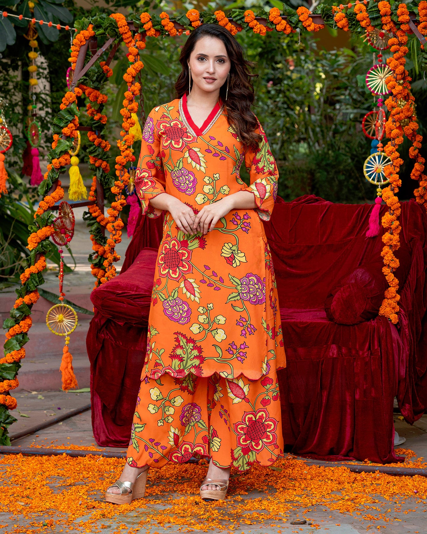Buy Orange Floral-Stroked Kurta Set online in india – Ambraee