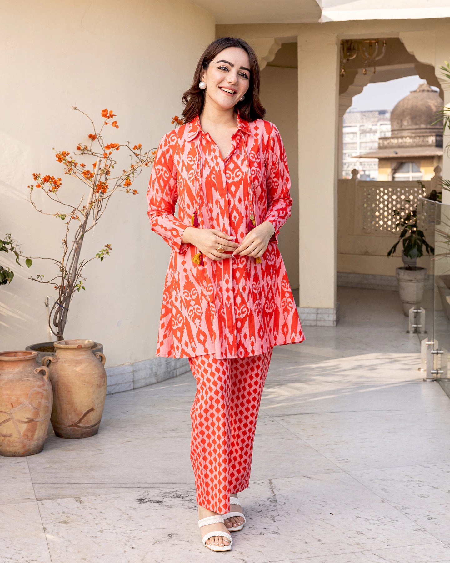 Buy Coral Red Ikat co-ord set Online in india – Ambraee