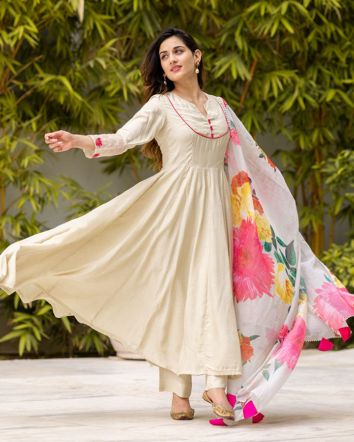 Buy Beige Muslin Patchwork suit set Online In India