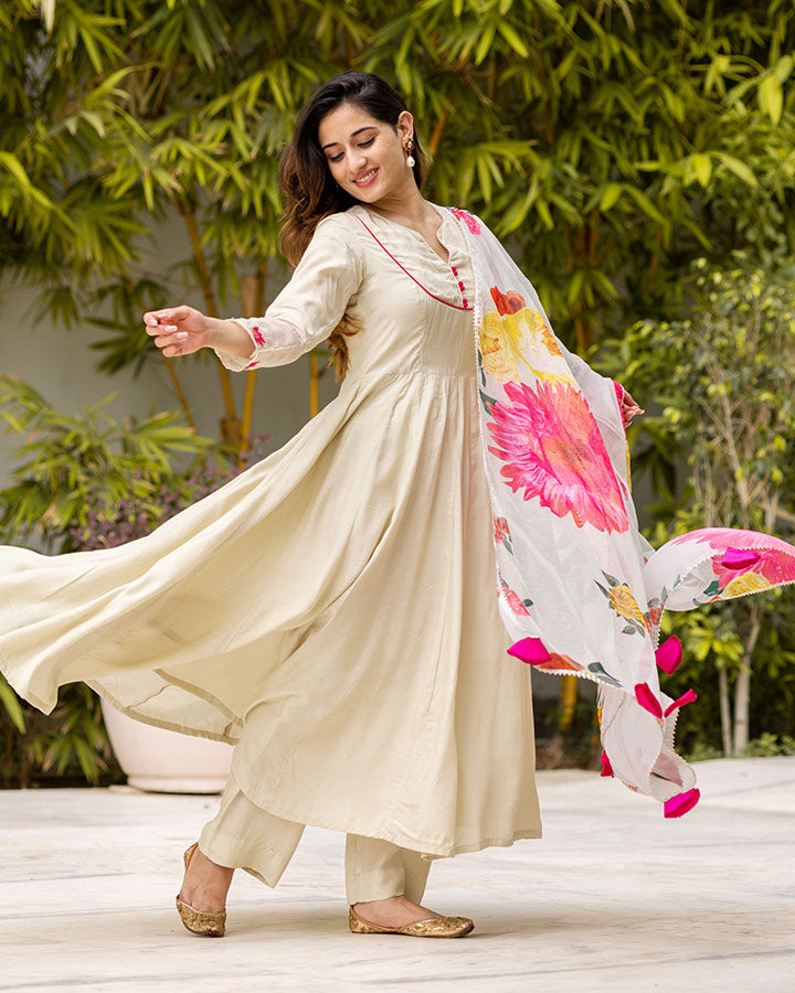 Buy Beige Muslin Patchwork suit set Online In India