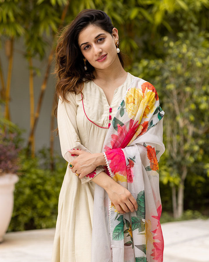 Buy Beige Muslin Patchwork suit set Online In India