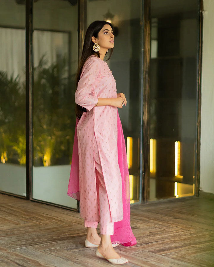 Pink Printed Chanderi Suit Set | Ambraee – Ambraee