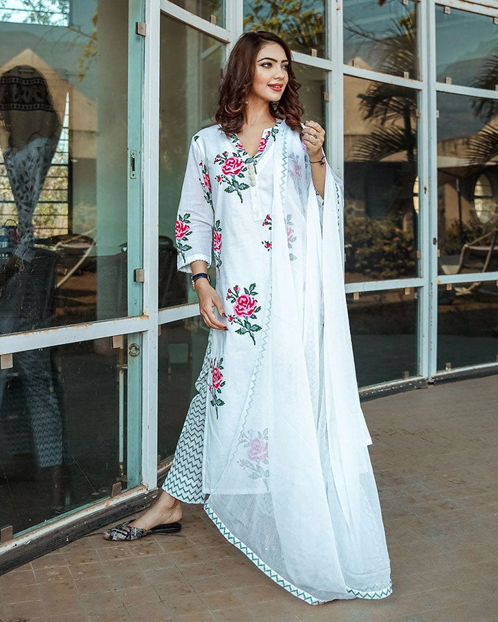 Red Rose Block Print Suit | Ambraee